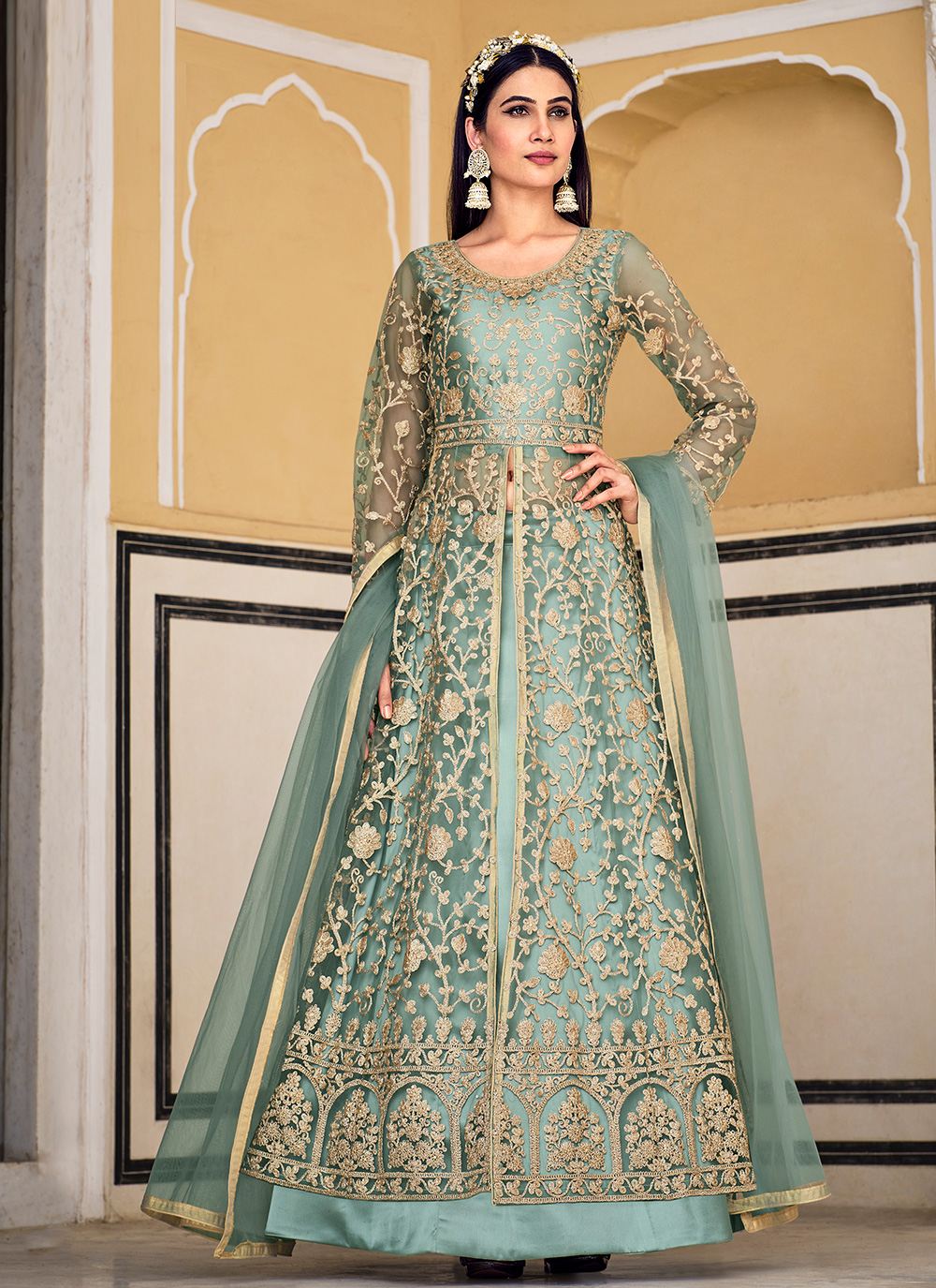 Buy Net Embroidered Designer Long Lehenga Choli in Green Online
