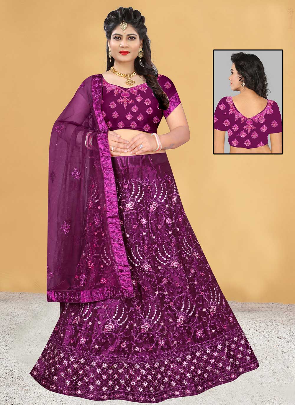 Shop Online Net Embroidered Purple Lehenga Choli : 245105