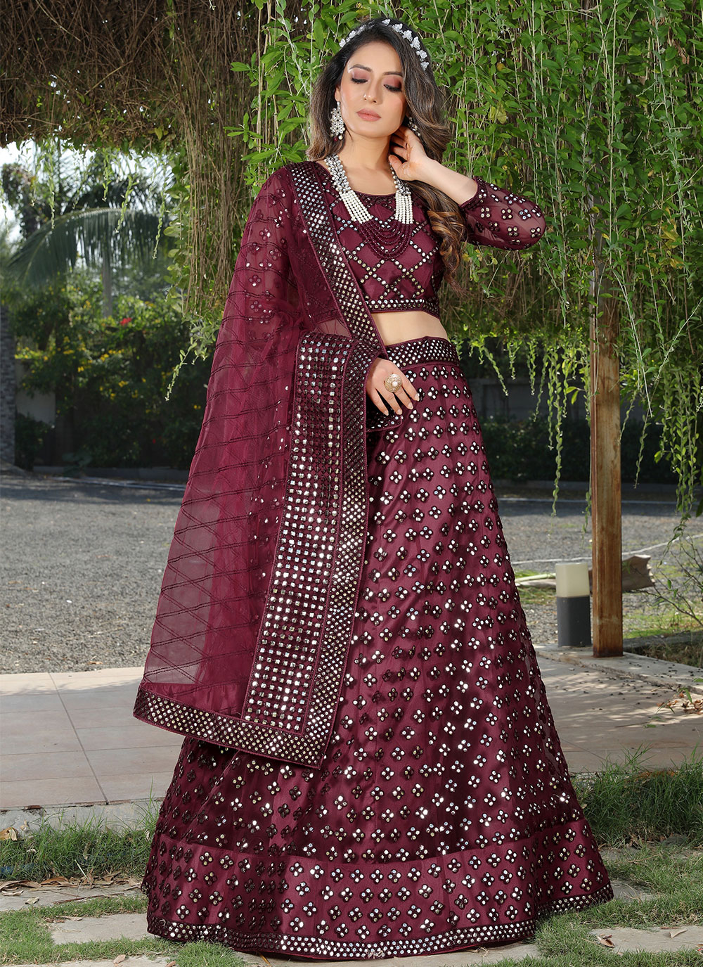 Buy Net Mirror Wine Trendy Lehenga Choli Online