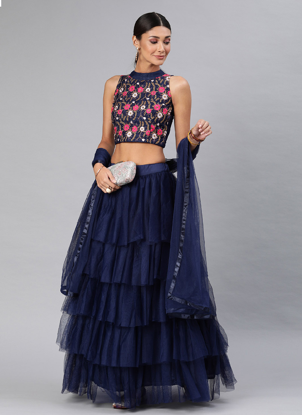 Buy Net Navy Blue Ruffle Long Choli Lehenga Online : 266689