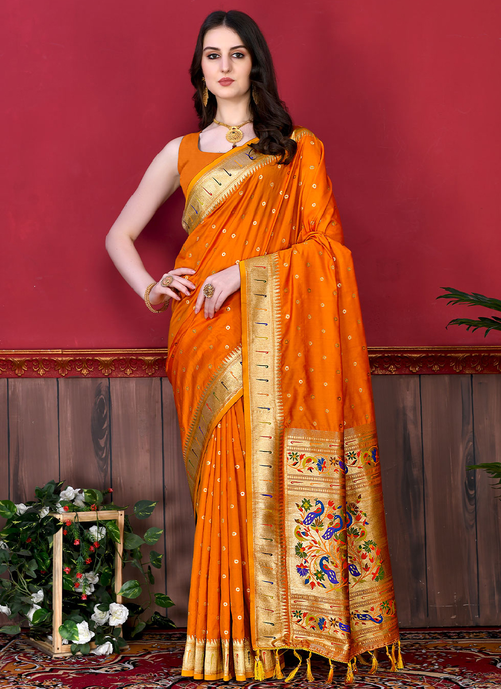Buy Orange Weaving Traditional Saree : 250244
