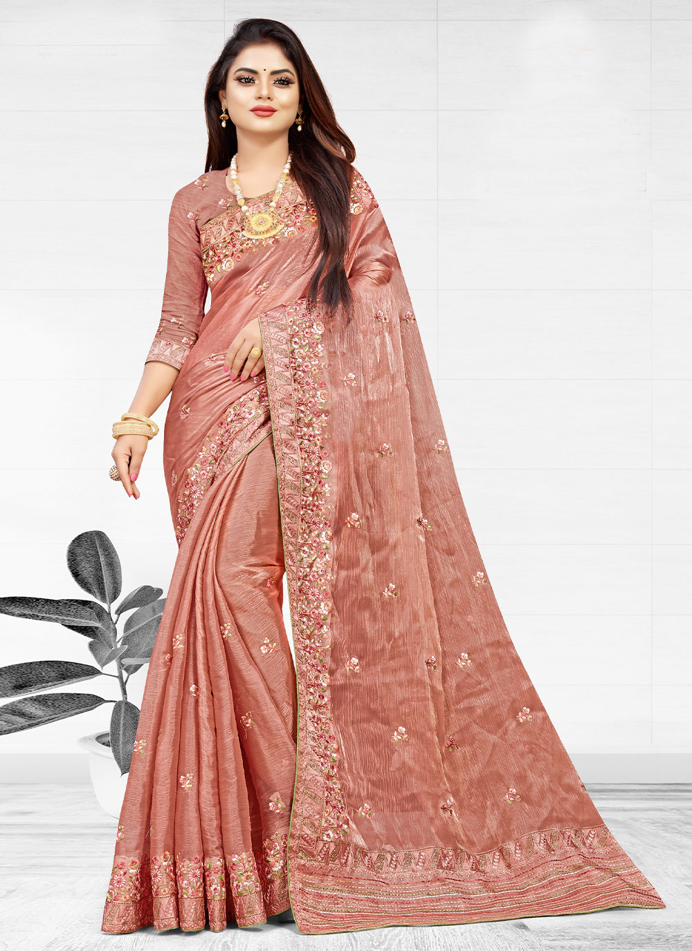 Buy Peach Embroidered Chiffon Trendy Saree : 256180