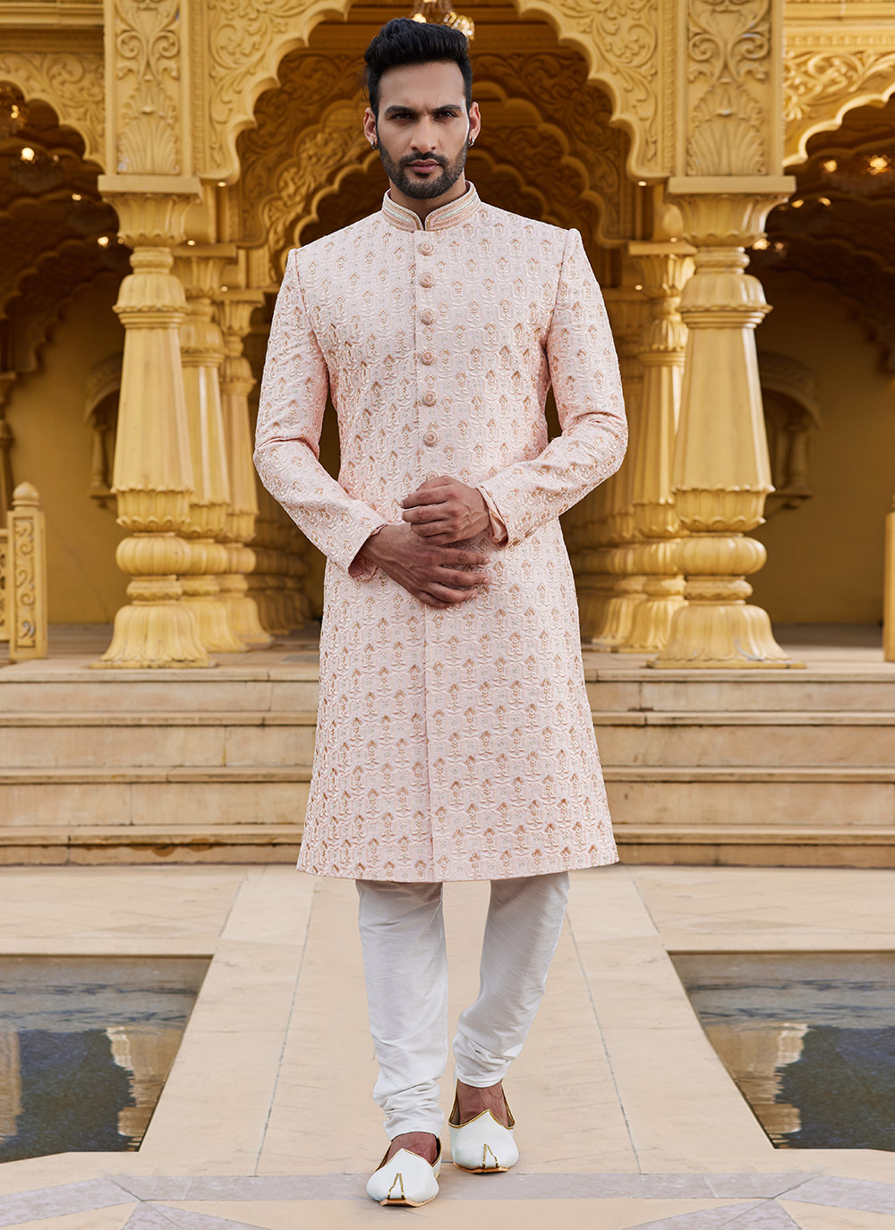 Buy Online Peach Machine Embroidery and Thread Work Art Silk Sherwani ...