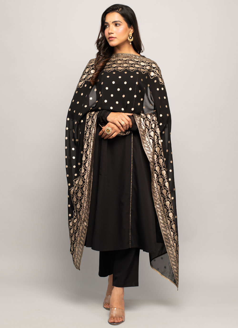 Shop Online Plain Work Faux Crepe Readymade Salwar Suit In Black : 274203