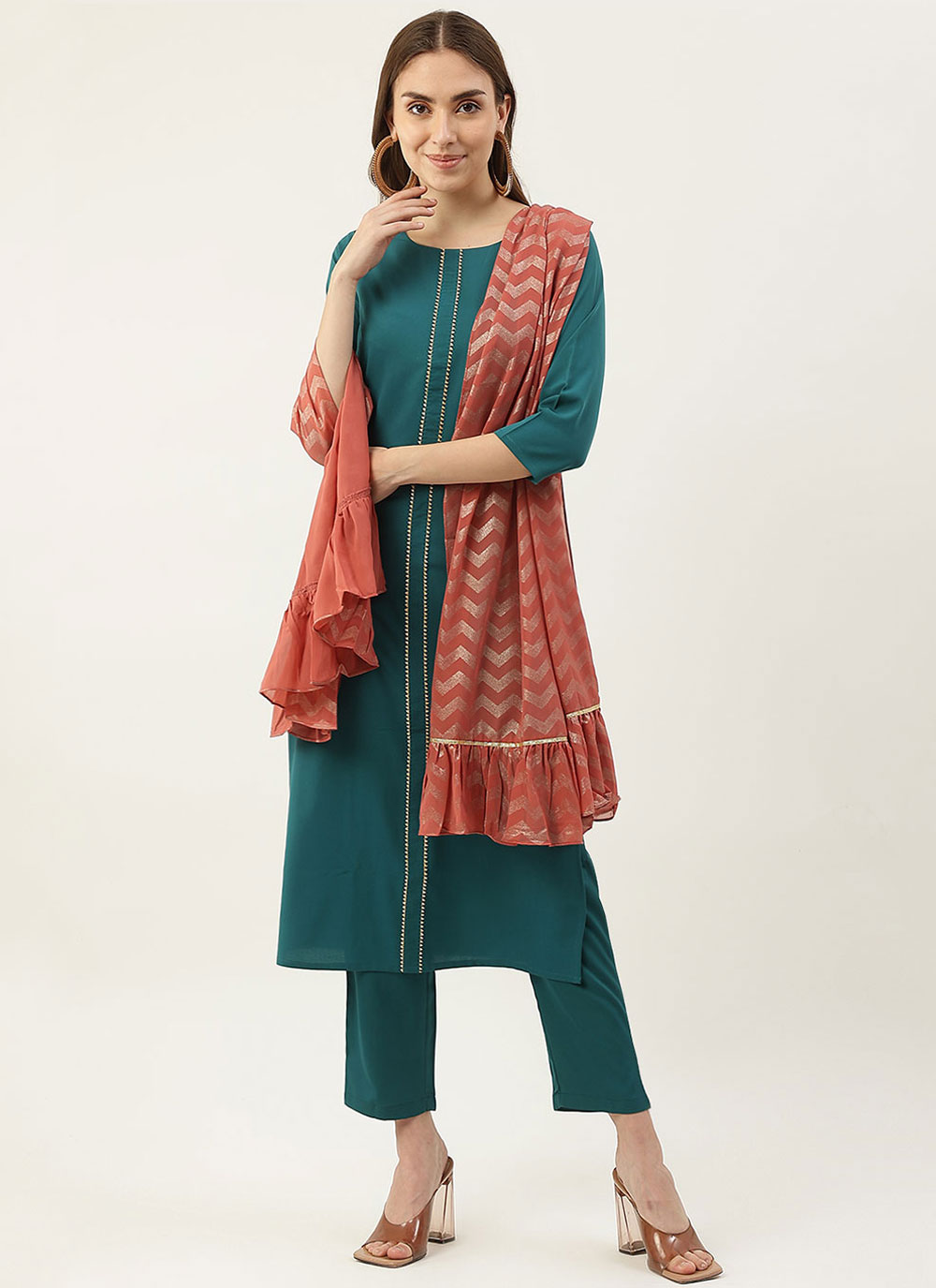 Shop Plain Work Faux Crepe Salwar Suit In Teal for Casual Online : 274599