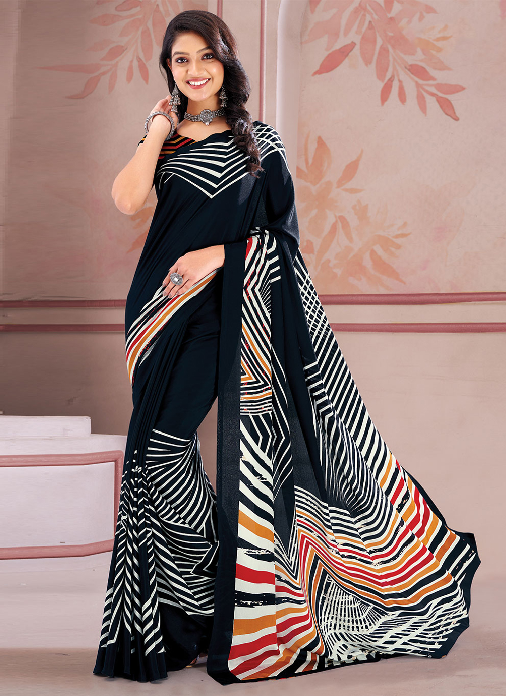 Shop Printed Black Faux Crepe Trendy Saree Online : 249147