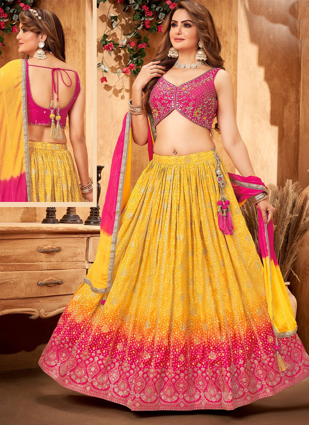 Shop Online Printed Yellow Lehenga Choli : 253038