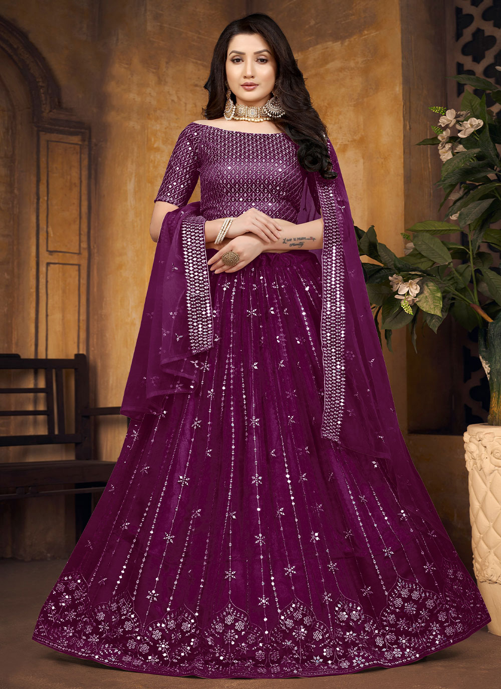 Shop Purple Mehndi Net Designer Long Lehenga Choli Online : 249287