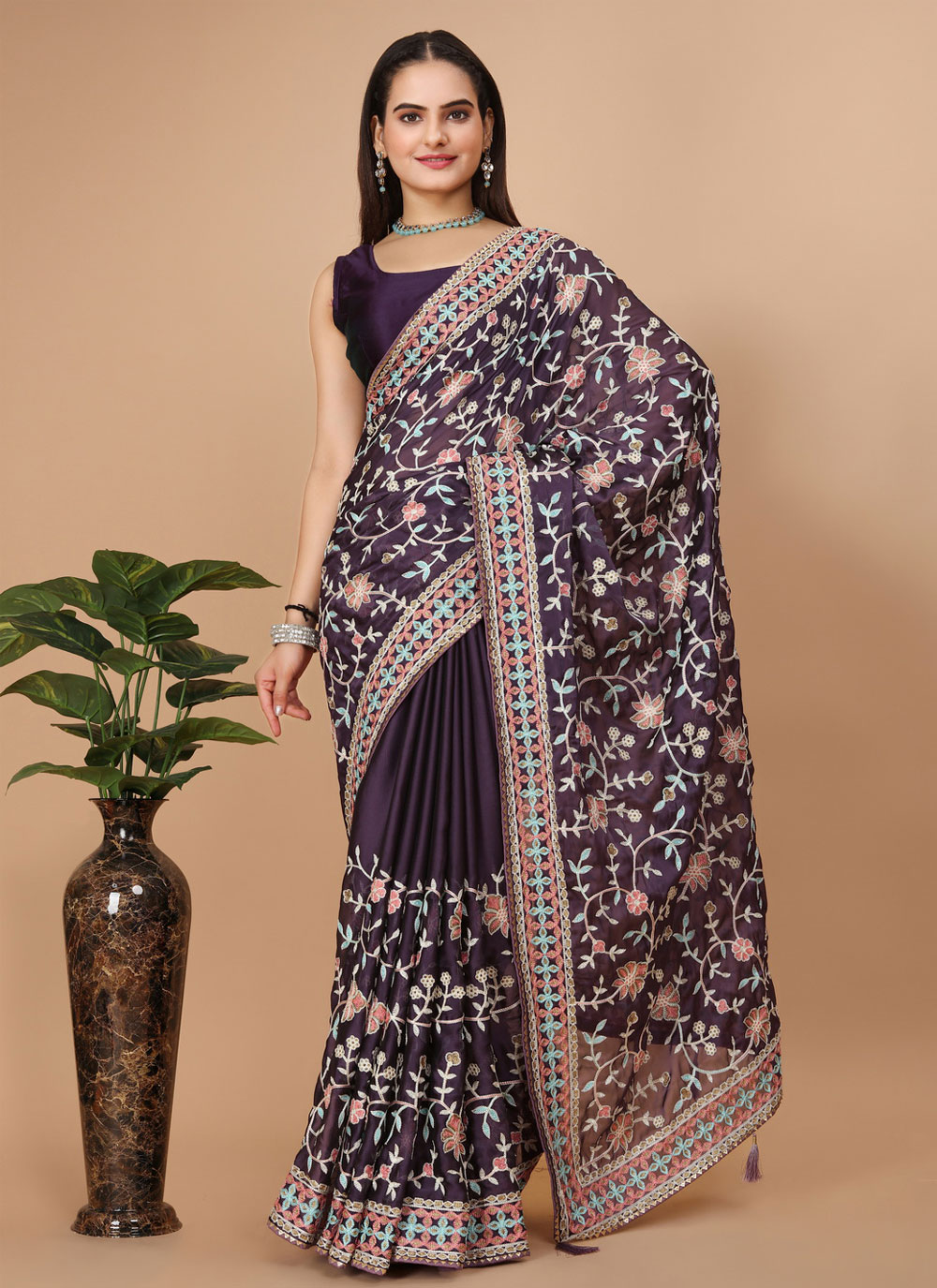 Purple Rangoli Classic Sari with Embroidered Work for Ceremonial Buy ...