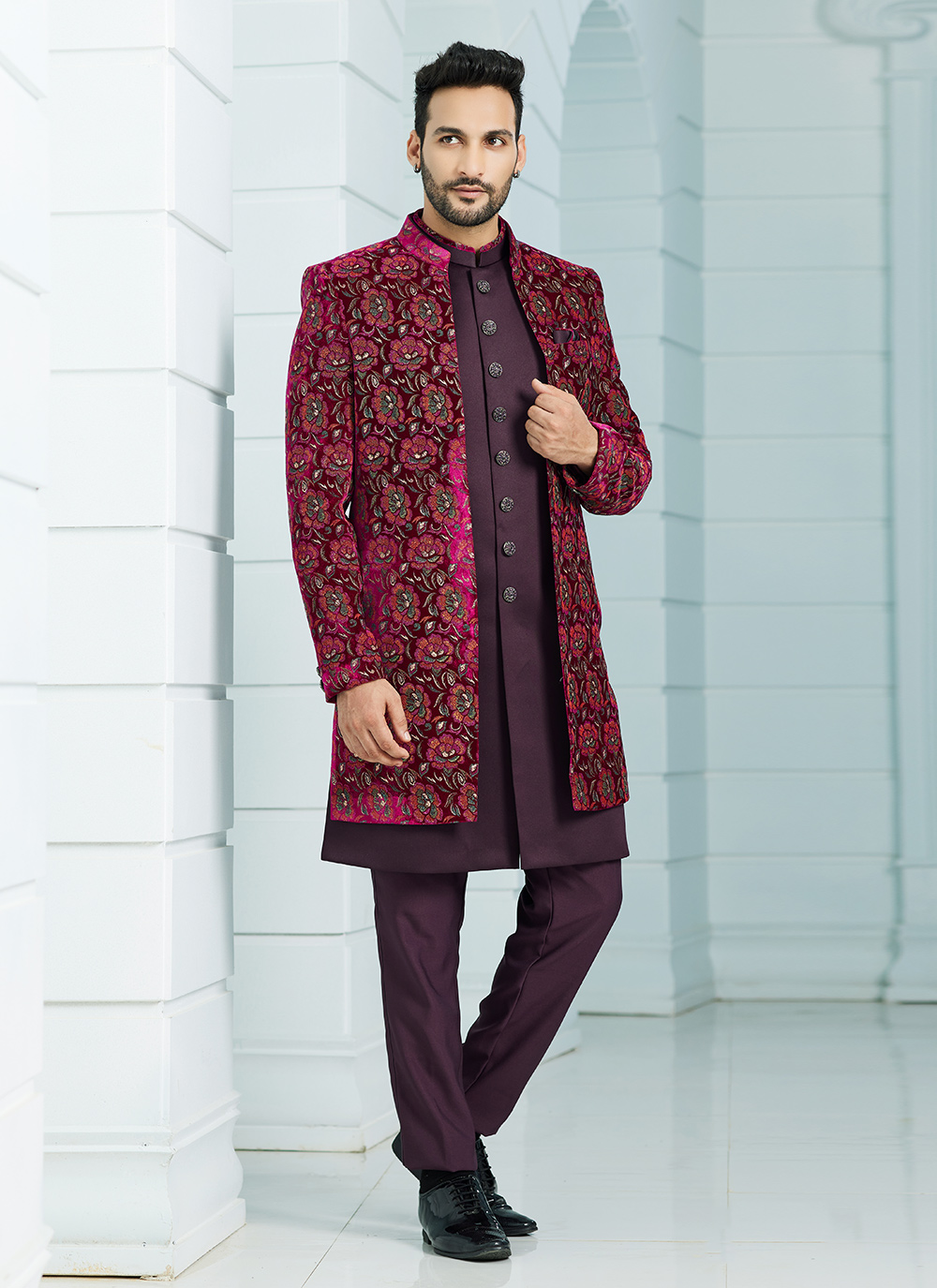 Buy Rani and Wine Velvet Fancy and Print Work Indo Western Sherwani for ...