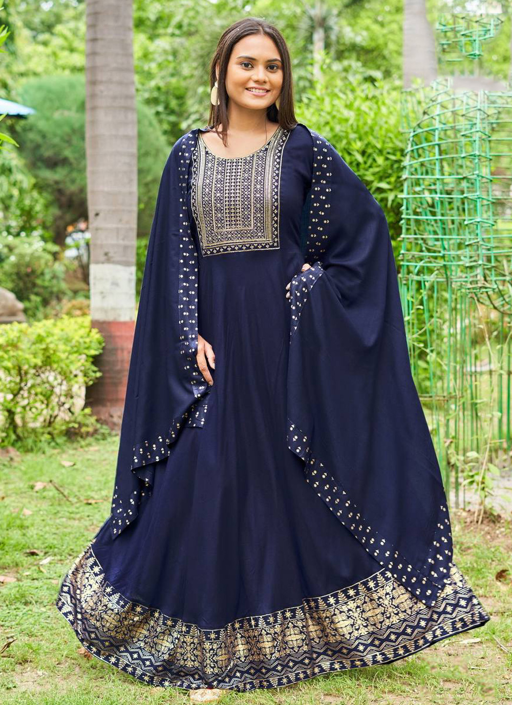 Buy Rayon Navy Blue Embroidered Gown : 268738