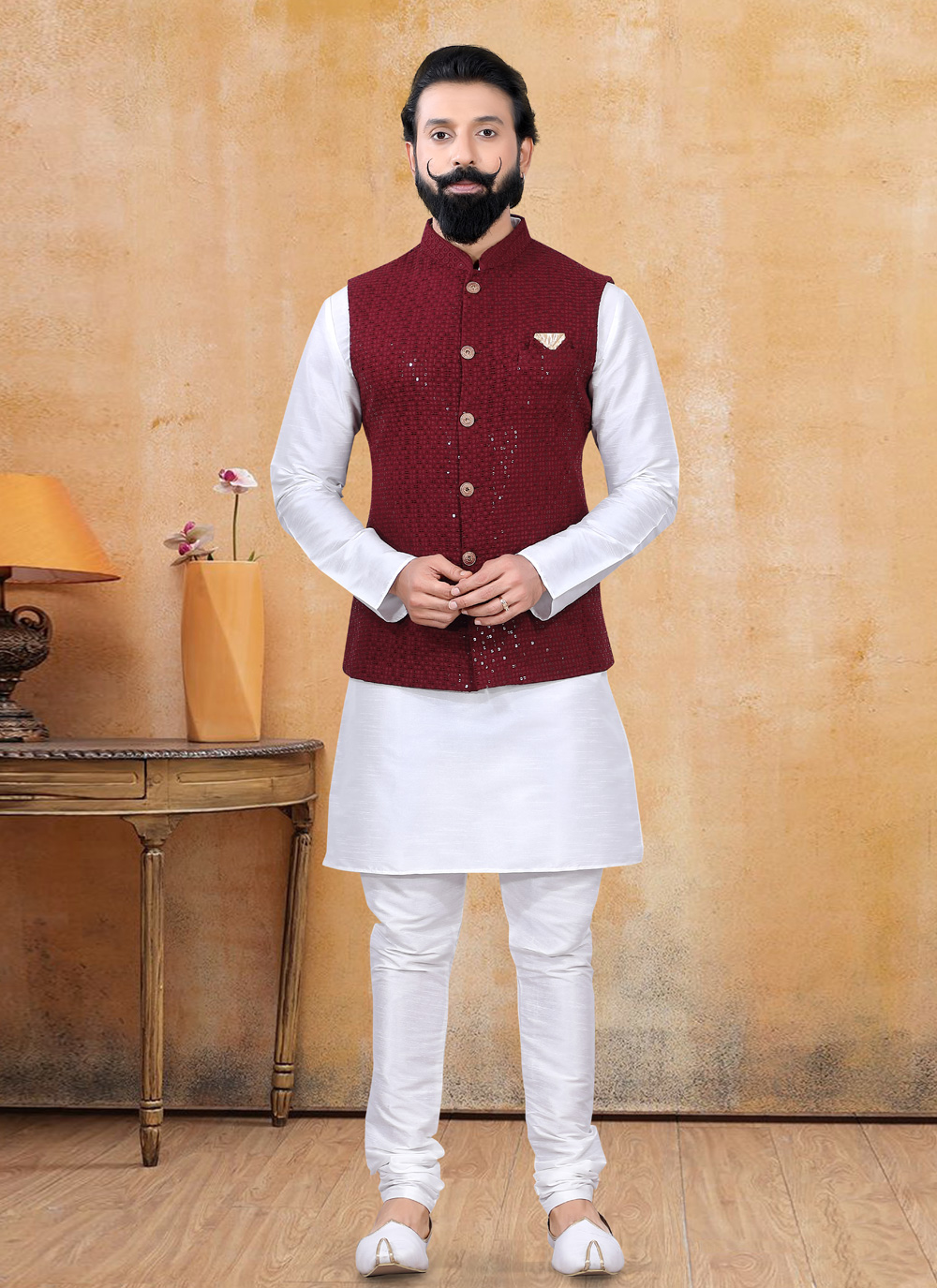 Buy Online Red Engagement Lucknowi Nehru Jackets : 248449
