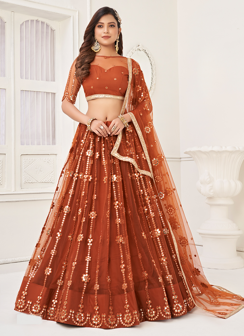 Buy Rust Designer Net Long Choli Lehenga Online : 265109