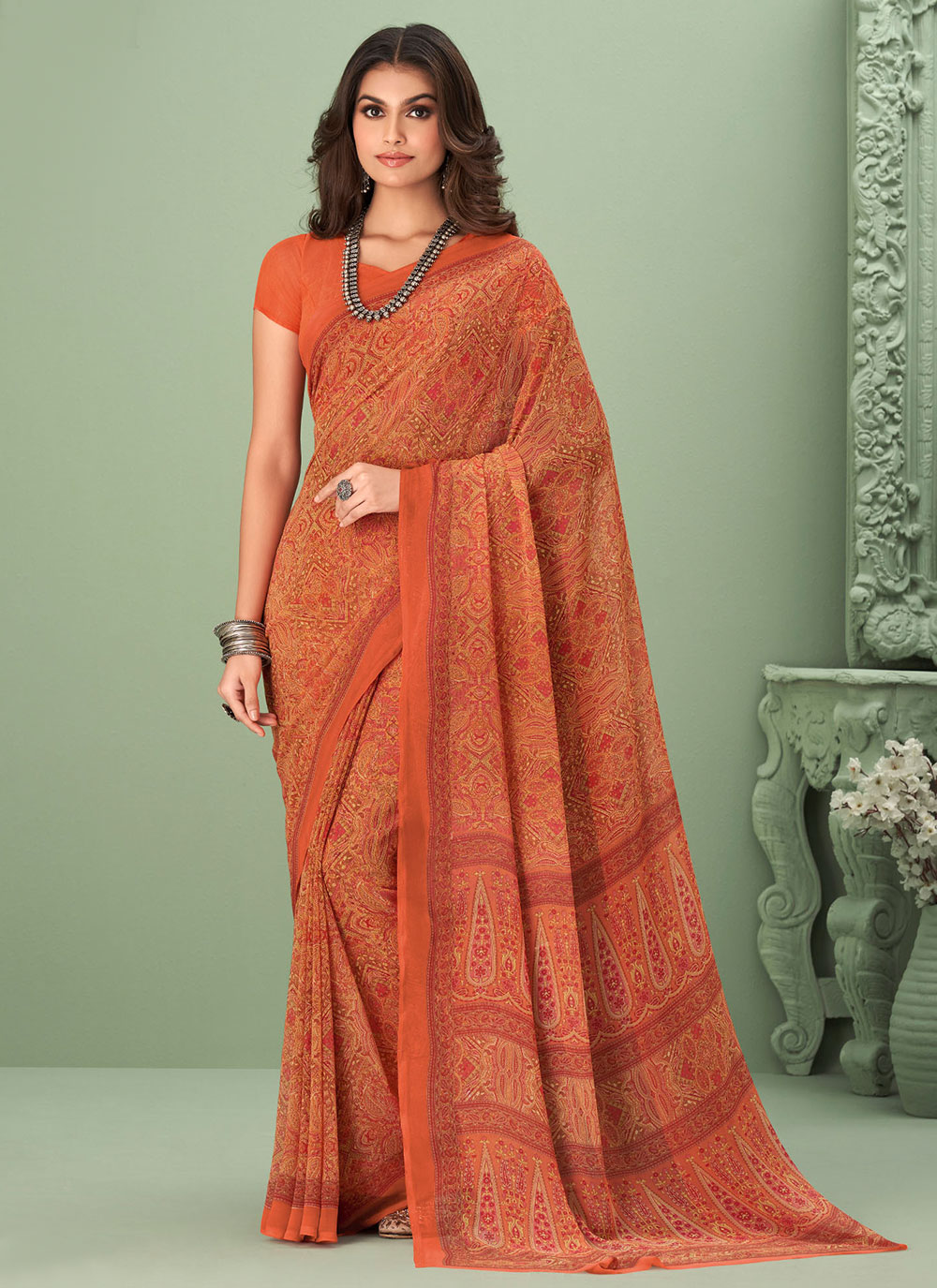 Buy Rust Printed Georgette Classic Saree Online