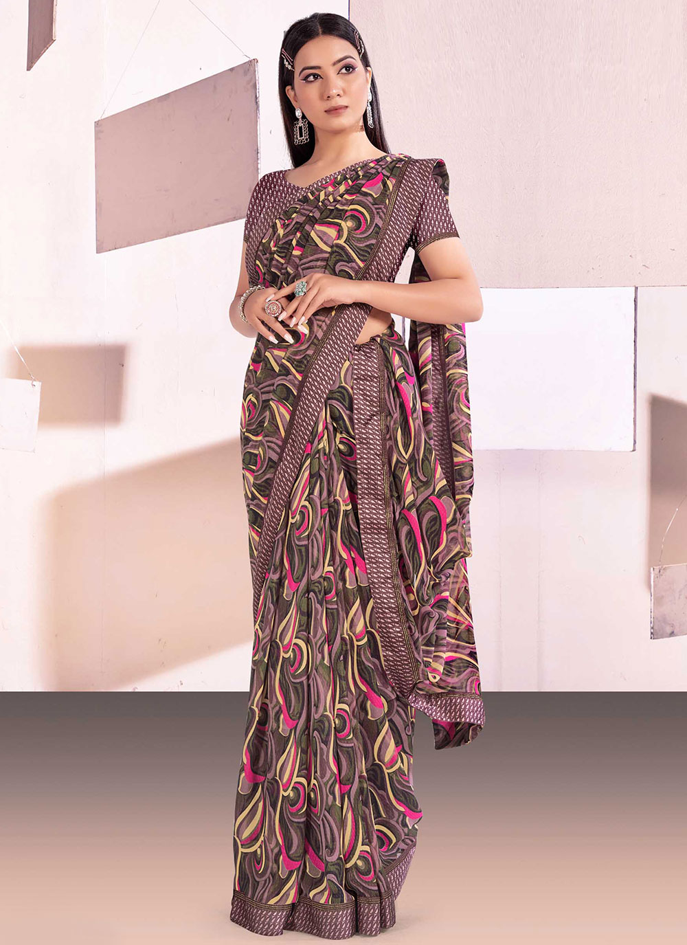 Satin Digital Print Classic Saree in Multi Colour buy online