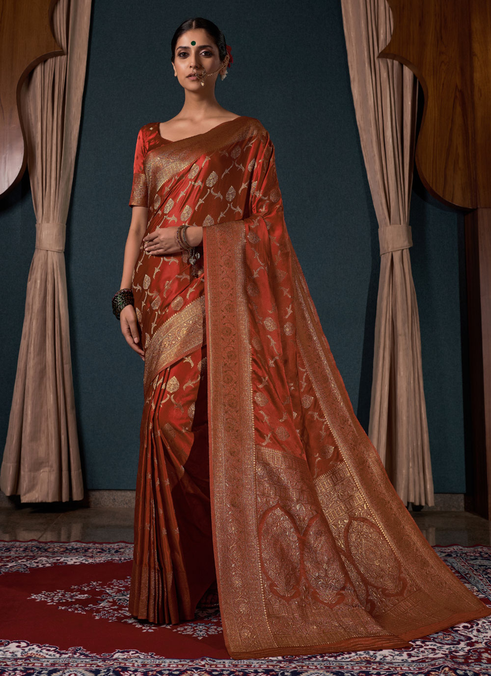 Shop Online Satin Silk Trendy Saree in Rust : 270402