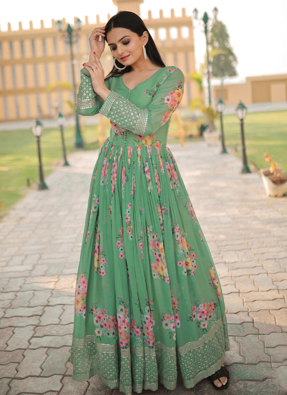 Buy Sea Green Festival Readymade Gown : 251124