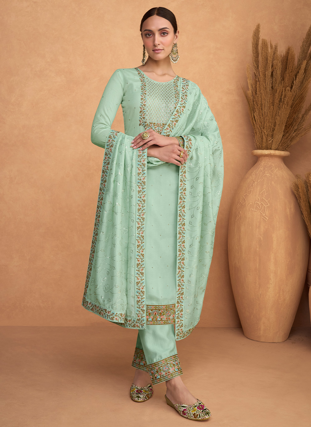 Shop Online Sea Green Mehndi Silk Trendy Salwar Kameez : 257867