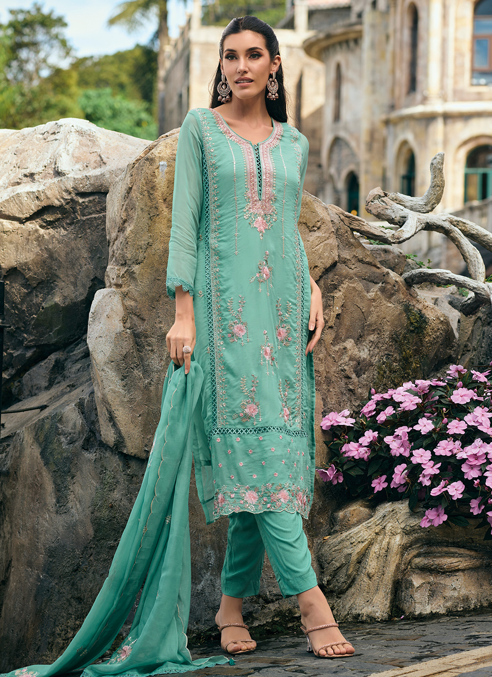 Buy Sea Green Stone Sangeet Trendy Salwar Kameez Online - Plus Size Suits