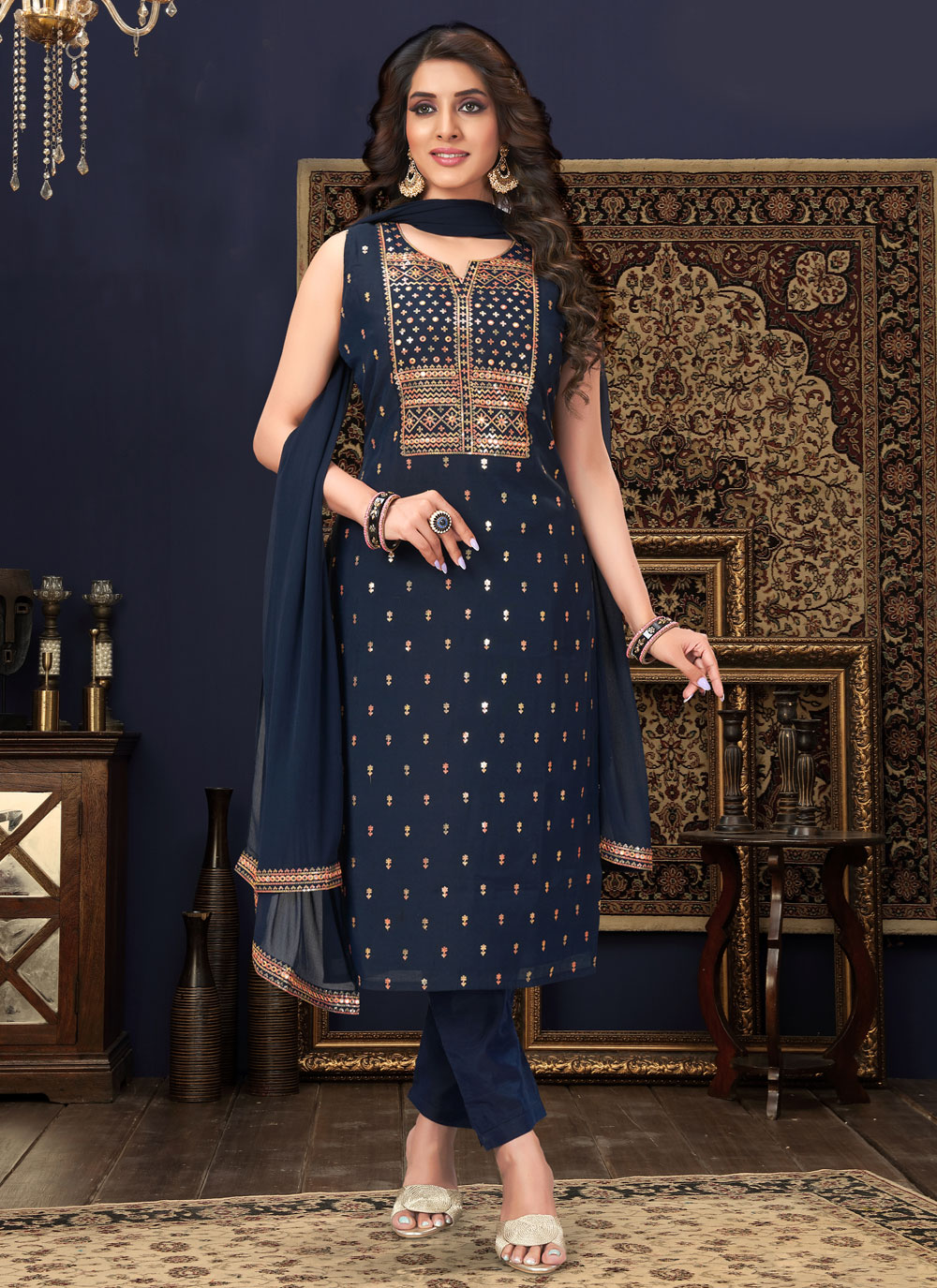 Shop Online Sequins Navy Blue Silk Trendy Salwar Kameez : 256323