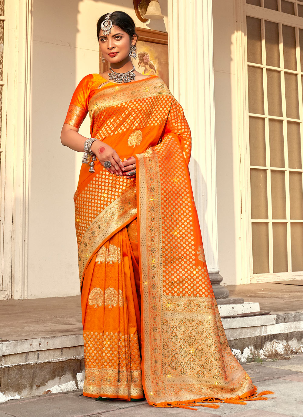 Weaving Banarasi Silk Mustard Traditional Saree buy online