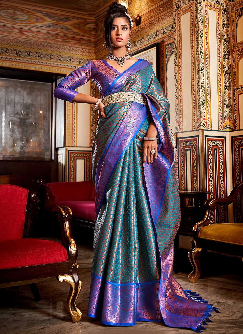 Buy Weaving Blue and Turquoise Kanjivaram Silk Classic Saree Online ...