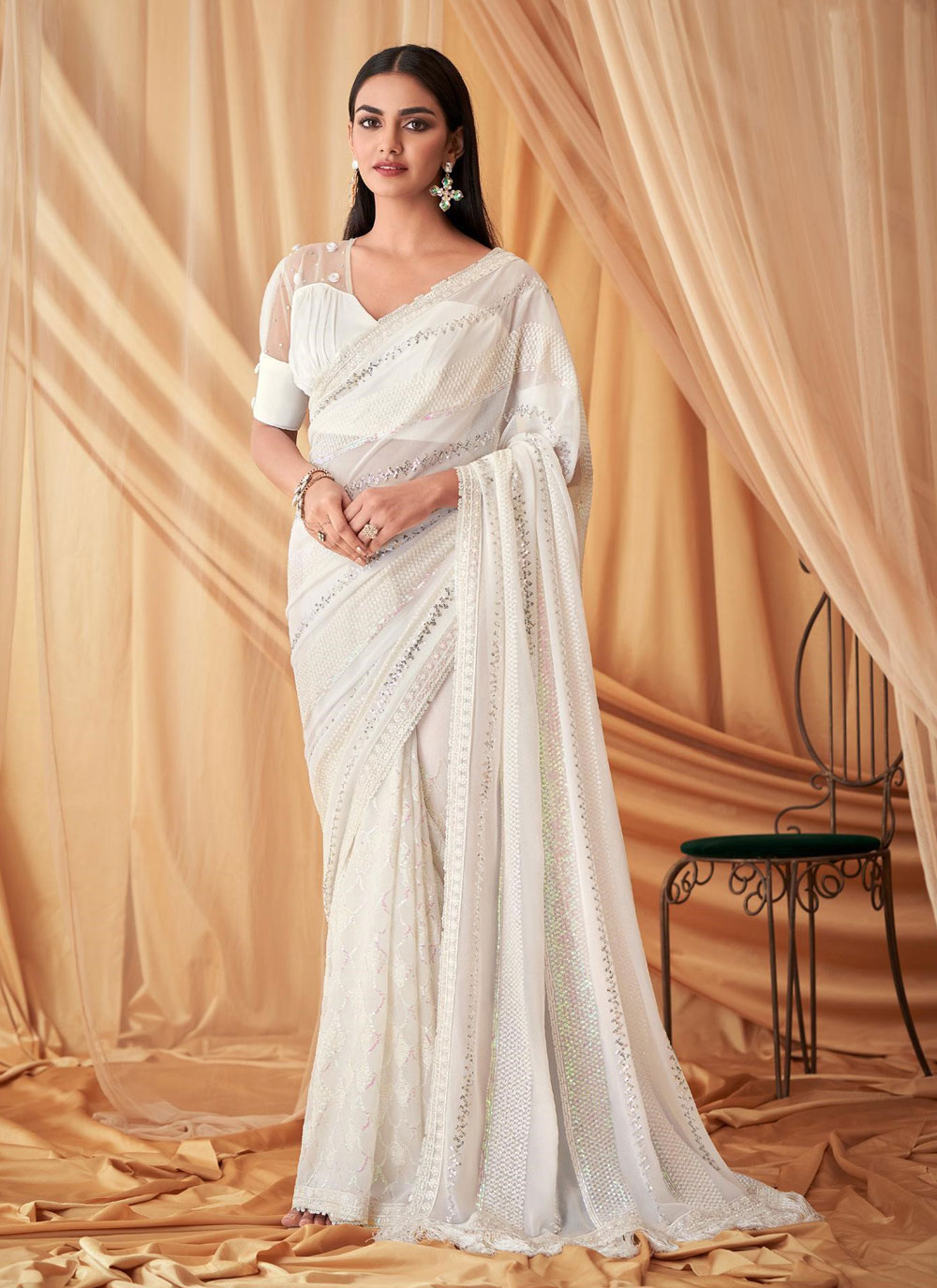 Buy Online White Embroidered Party Classic Saree : 270601