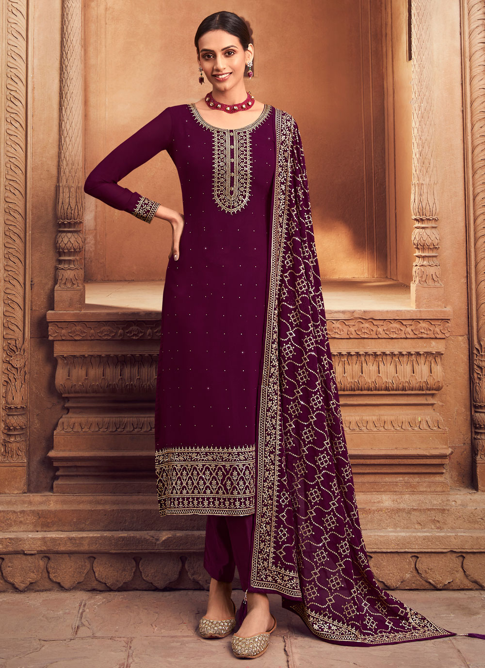 Shop Wine Georgette Pakistani Salwar Kameez Online : 249030