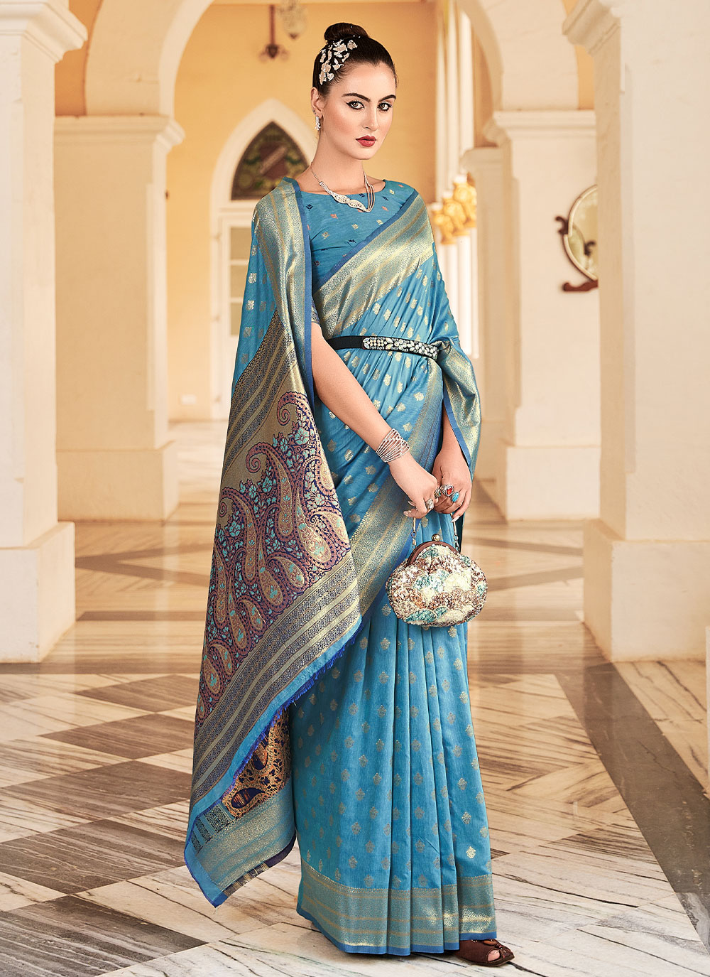 Buy Woven Cotton Contemporary Style Saree in Aqua Blue Online : 254809