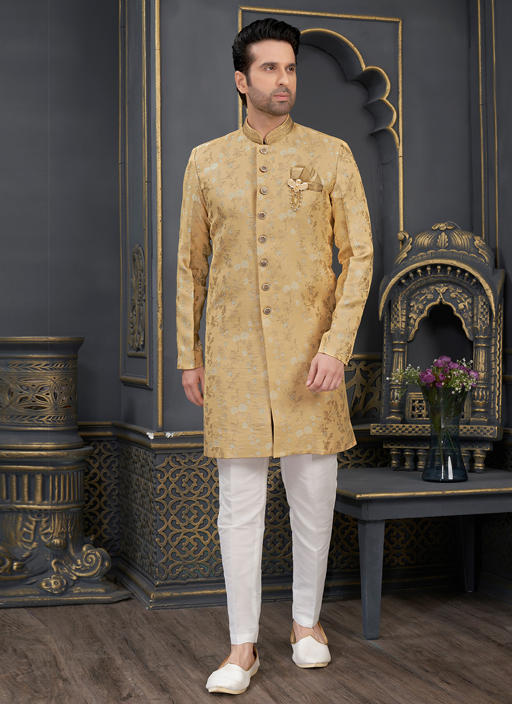 Buy Yellow Brocade Indo Western with Fancy Work for Men : 274838