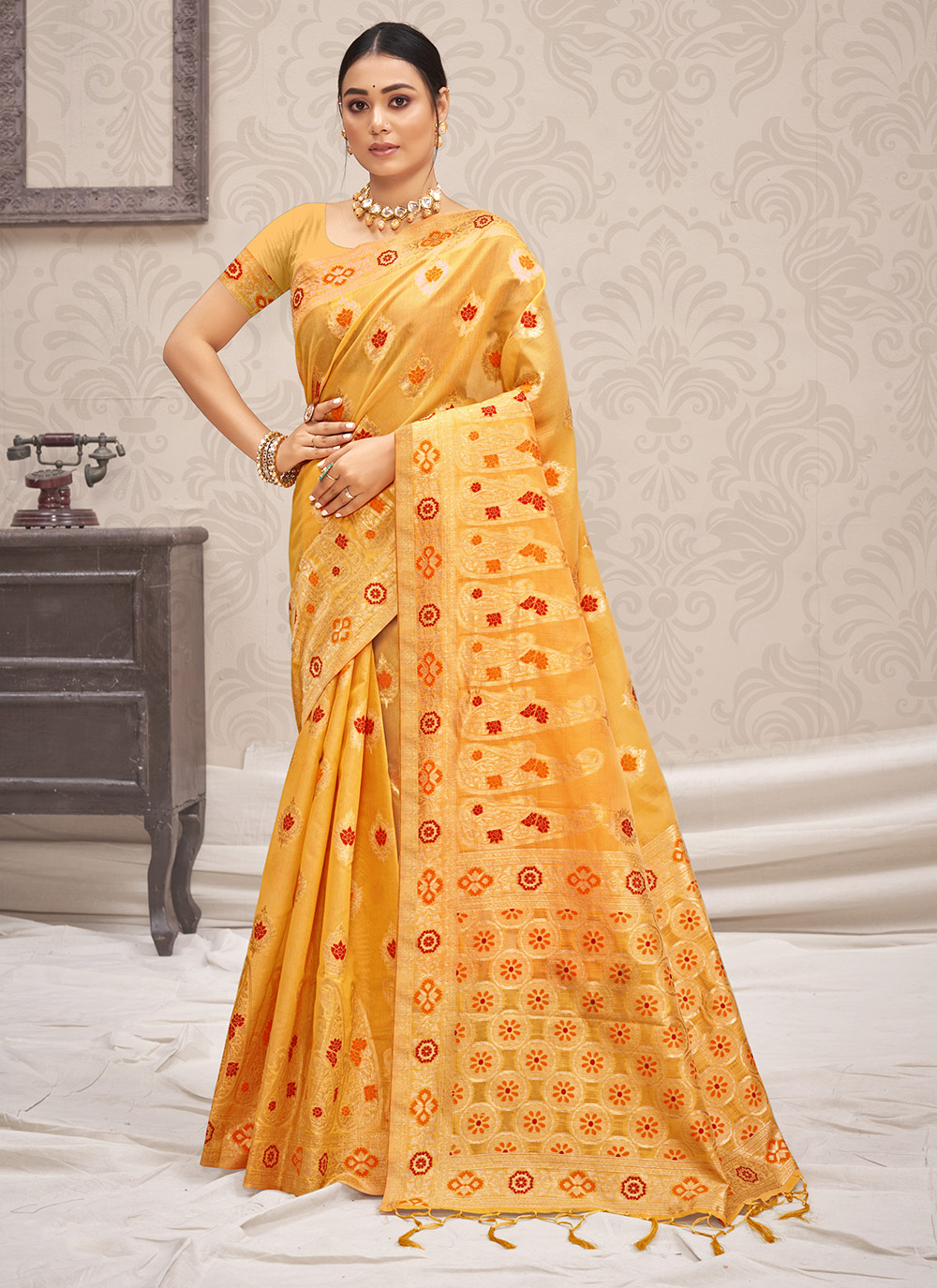 Buy Yellow Embroidered Classic Designer Saree : 245801