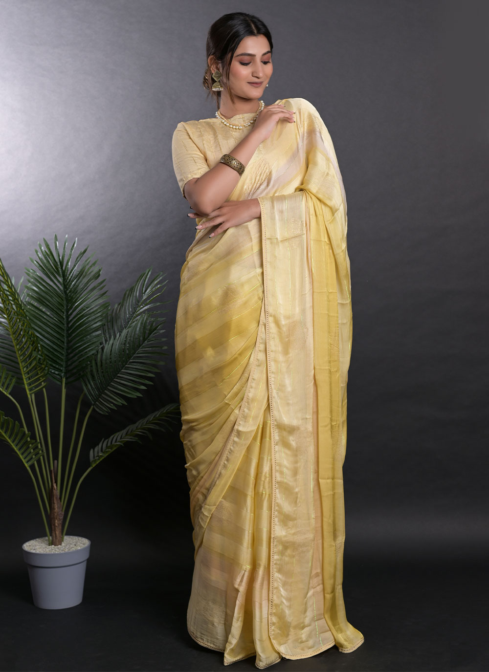 Shop Yellow Satin Festival Contemporary Saree Online : 247215
