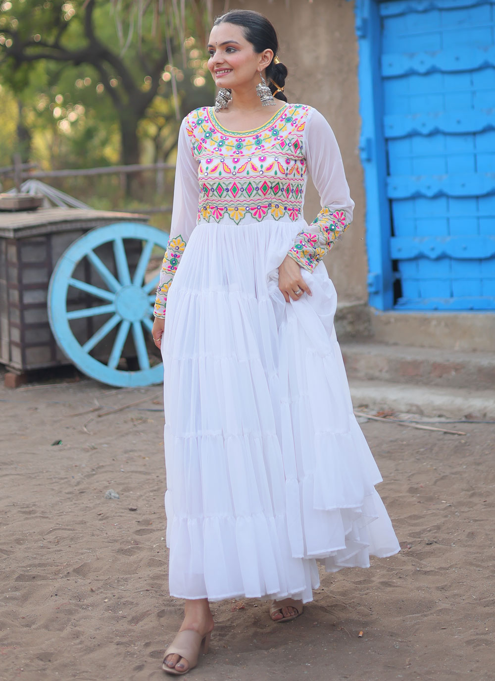 Buy Astounding White Faux Georgette Gown with Fancy Work Online