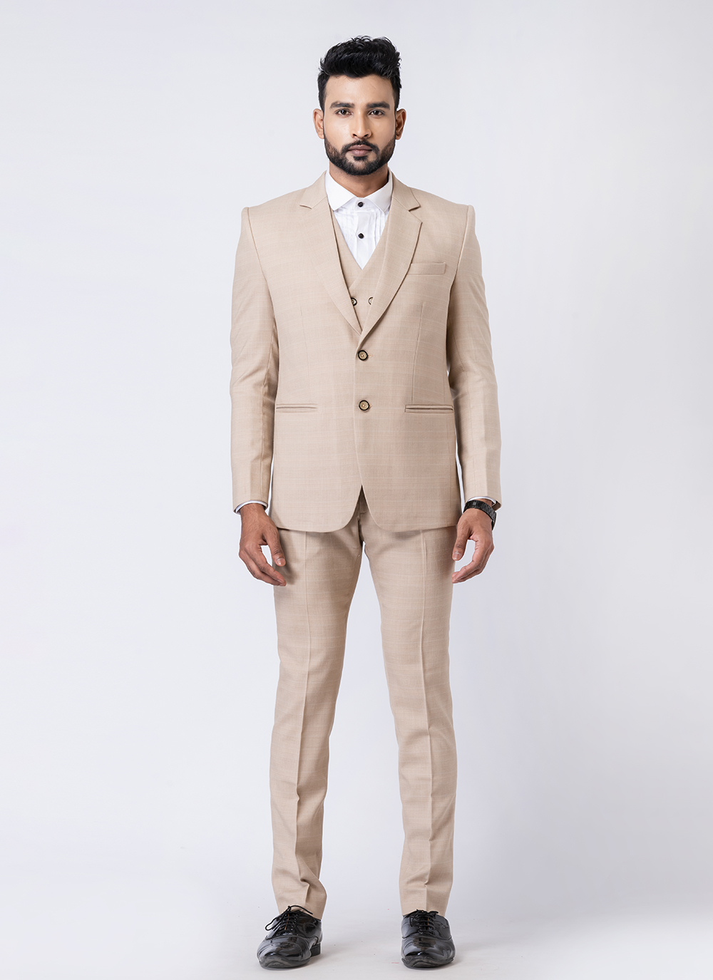 Buy Beige and White Cotton Plain Work Tuxedo Suit for Men Online
