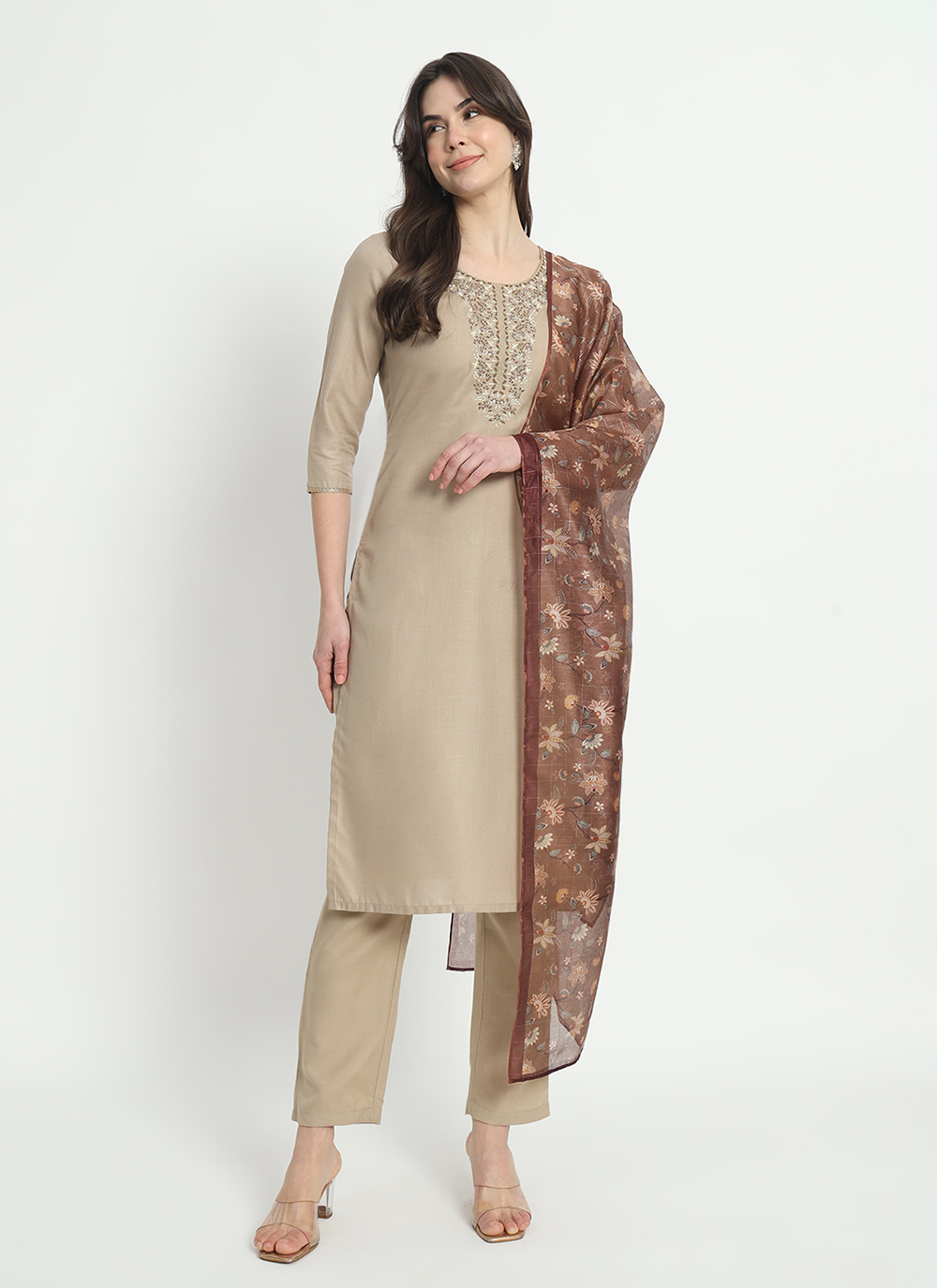 Shop Beige Cotton Pant Style Suit with Embroidered Work for Women ...