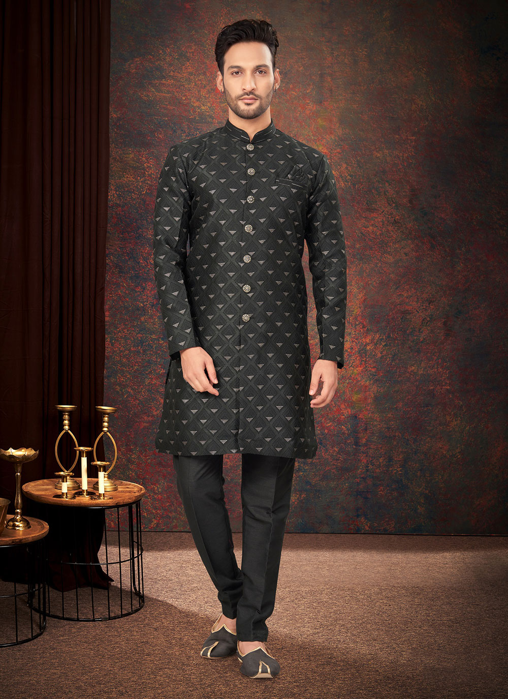 Buy Black Jacquard Indo Western with Fancy and Thread Work for Men ...