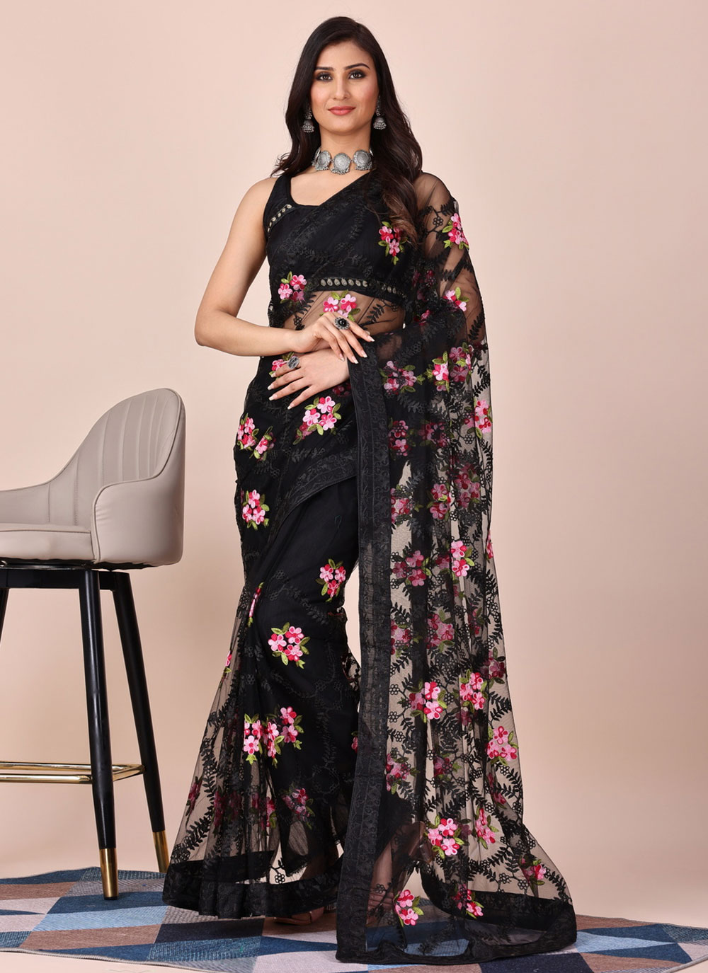 Shop Black Net Embroidered Work Classic Sari for Casual Online : 278976 ...