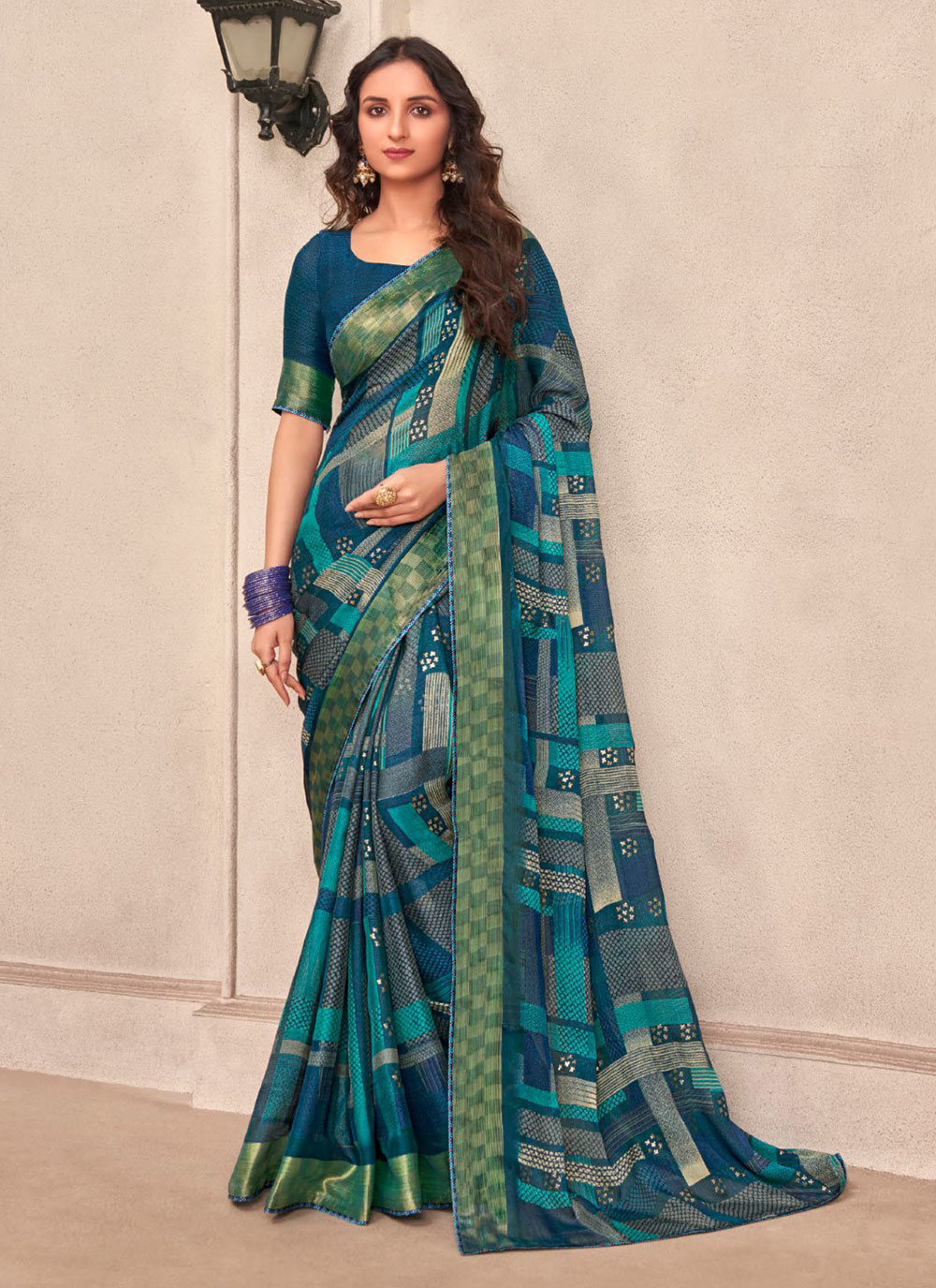 Shop Online Blue Chiffon Designer Sari with Print Work for Ceremonial ...