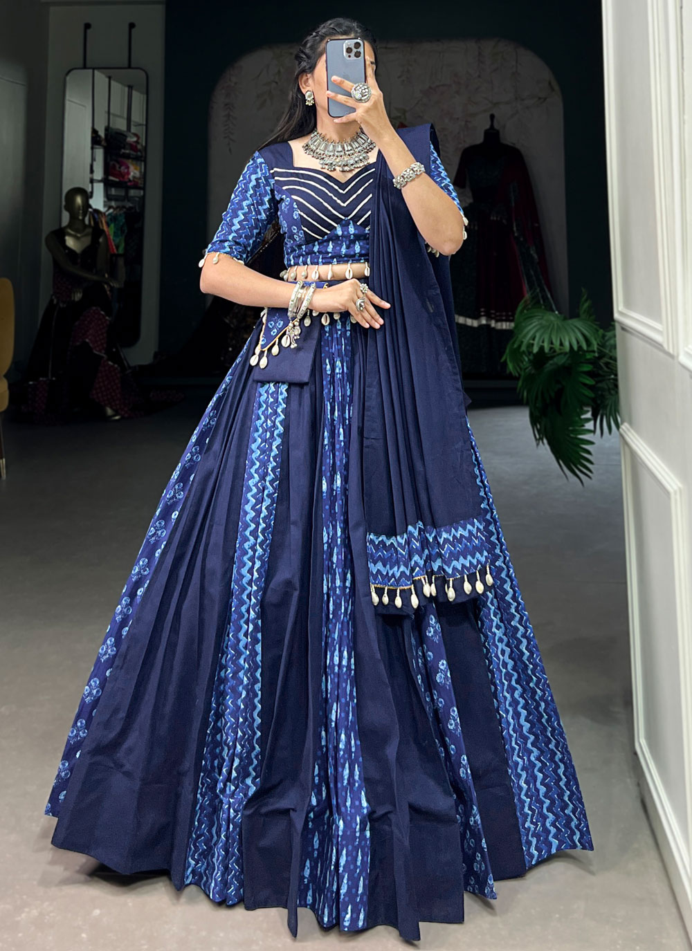 Buy Blue Cotton Lace, Plain and Print Work Readymade Lehenga Choli ...
