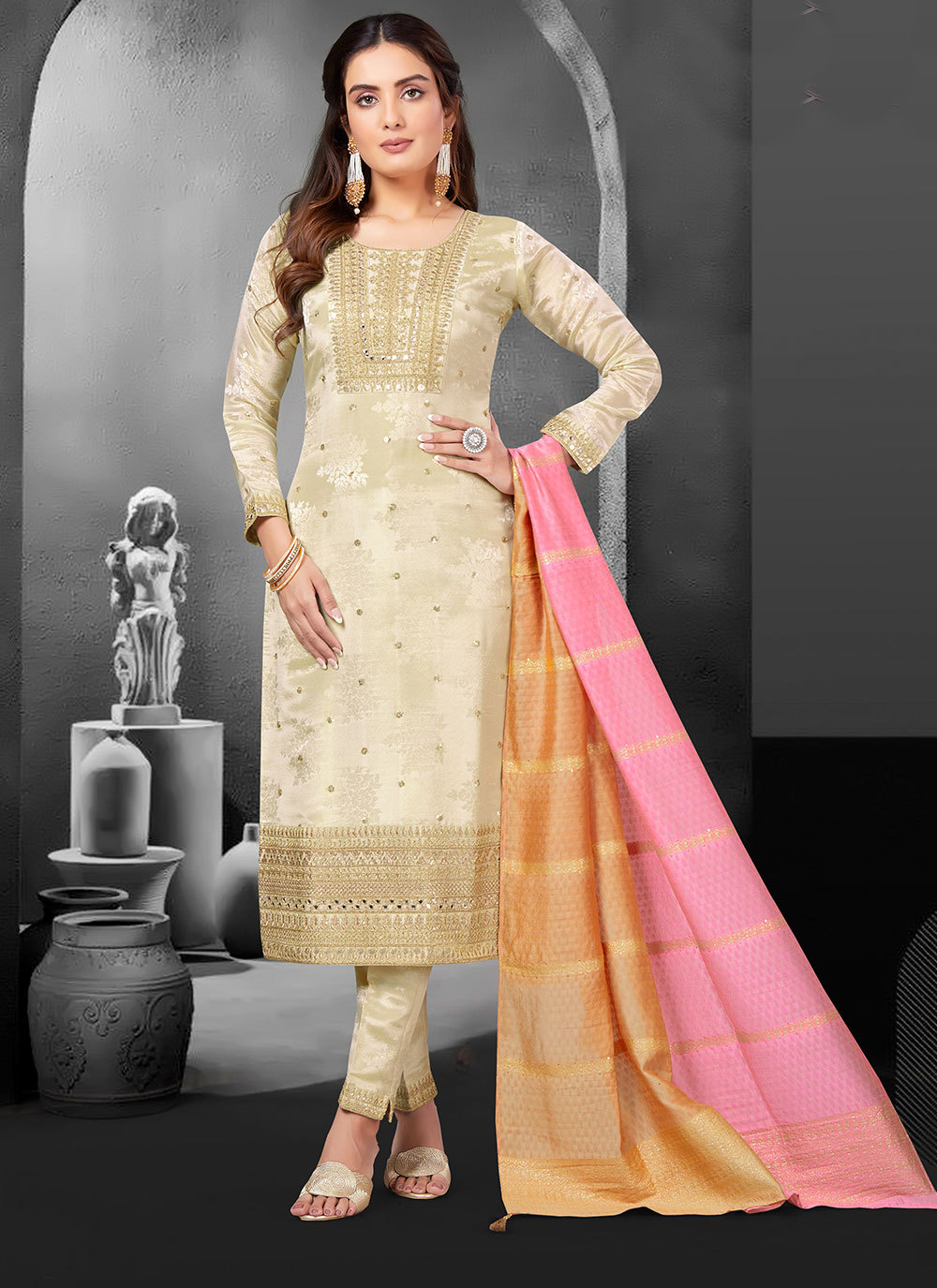 Buy Cream Silk Embroidered Work Pant Style Suit Online : 277079