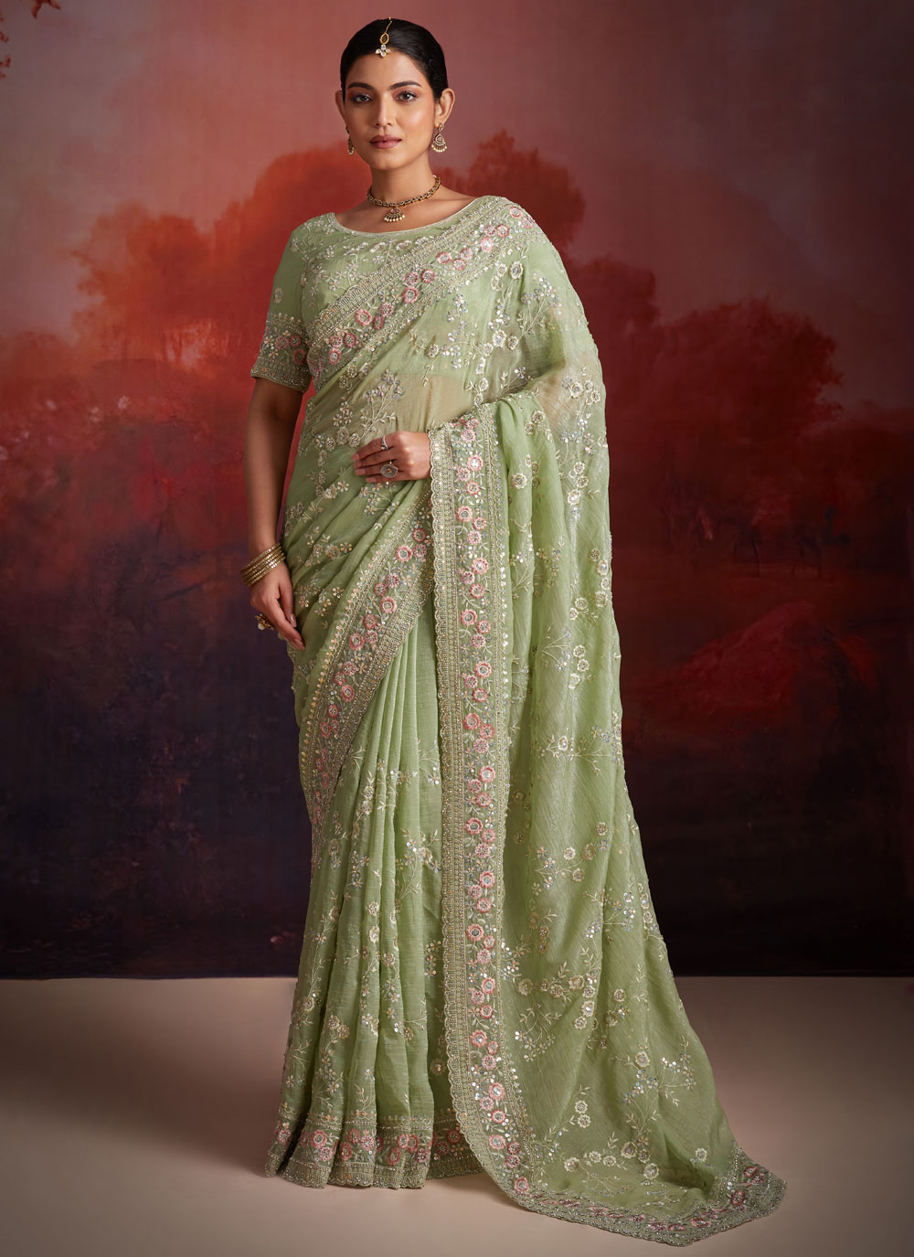 Buy Dashing Green Organza Contemporary Sari Online : 304894