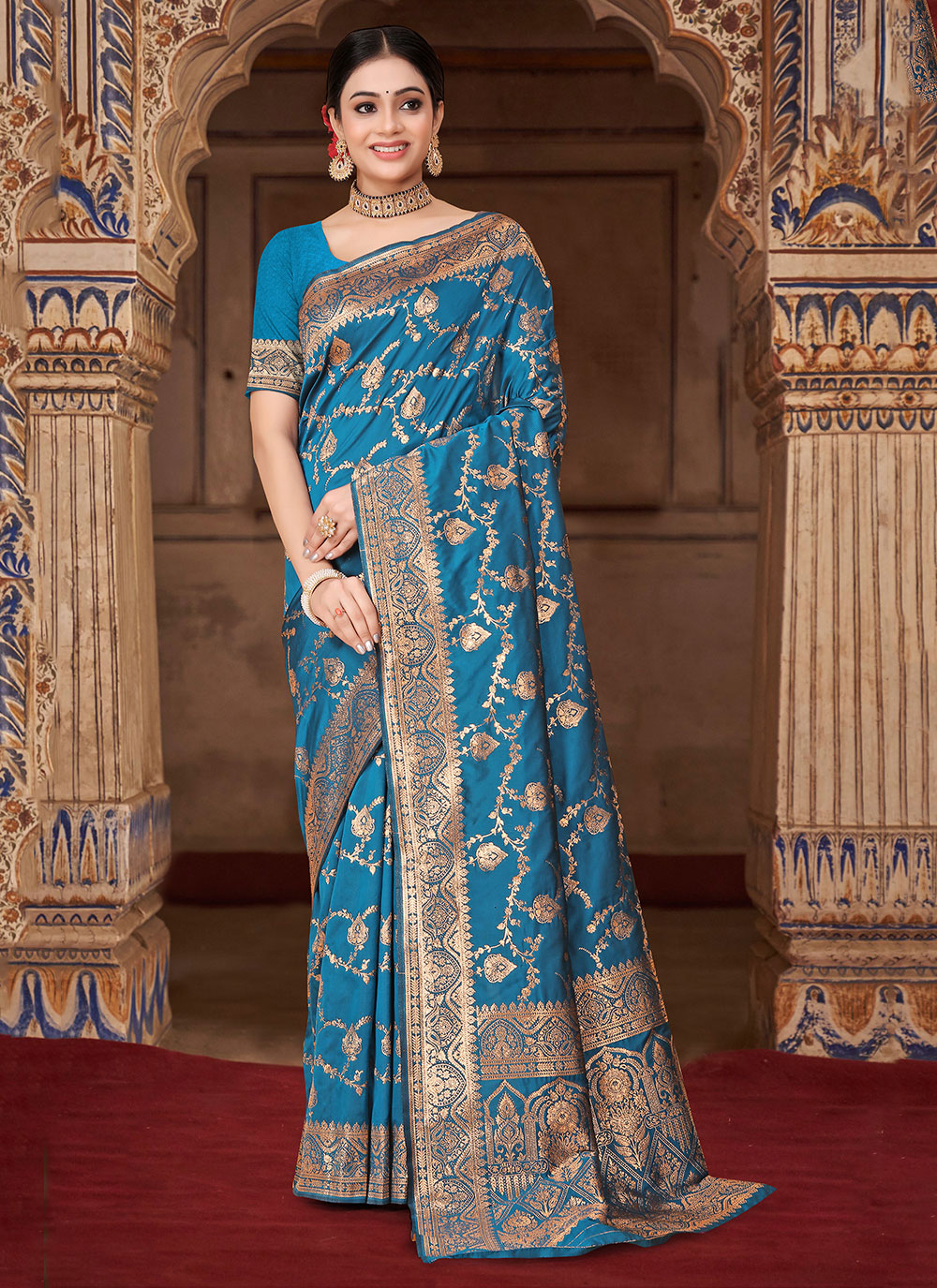 Buy Online Demure Blue Banarasi Silk Classic Sari : 288856