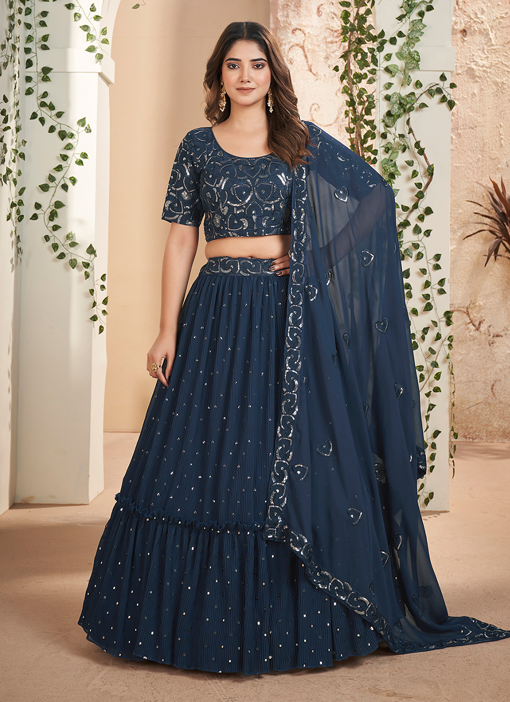 Shop Embroidered and Sequins Work Faux Georgette Lehenga Choli In Blue ...