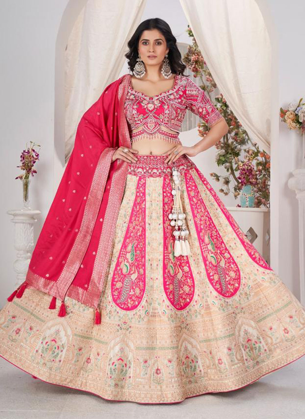 Buy Embroidered, Jacquard and Thread Work Jacquard Readymade Lehenga ...