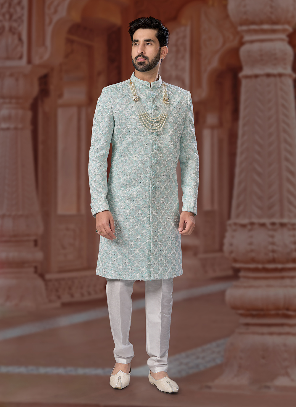 Buy Embroidered, Moti and Thread Work Jacquard Indo Western Sherwani In ...