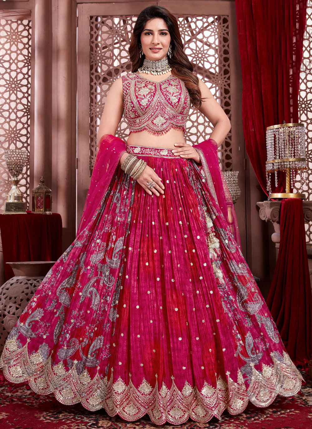 Buy Embroidered, Print and Sequins Work Silk Readymade Lehenga Choli In ...