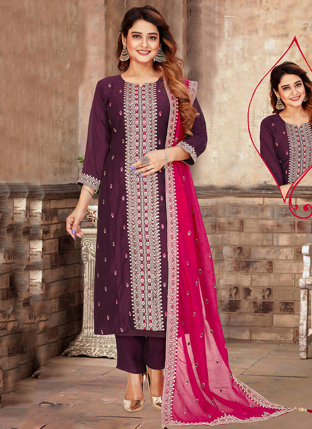 Shop Online Embroidered Work Silk Salwar Suit In Wine for Ceremonial ...