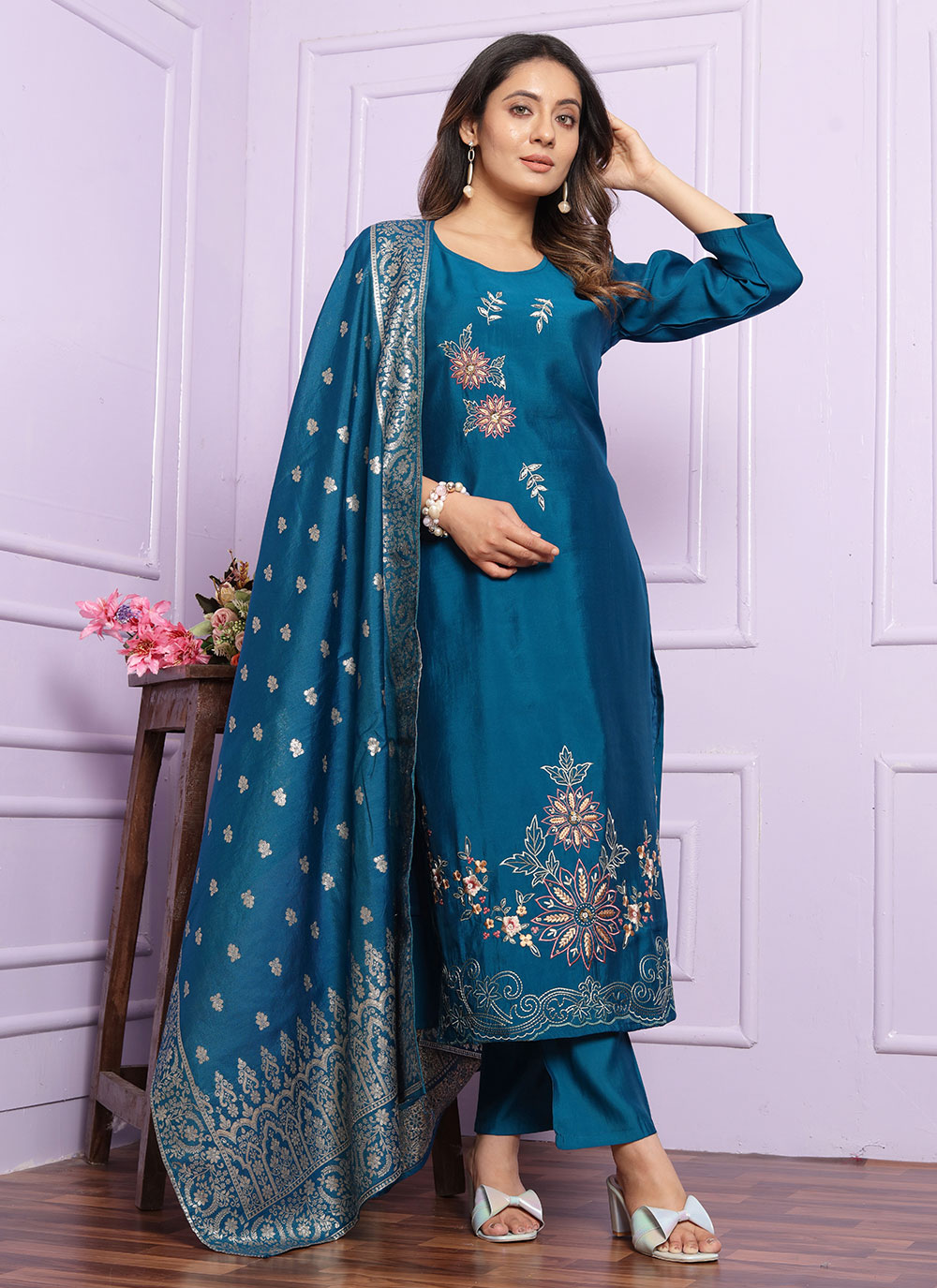 Buy Exciting Blue Silk Readymade Salwar Suit with Hand Work Online ...