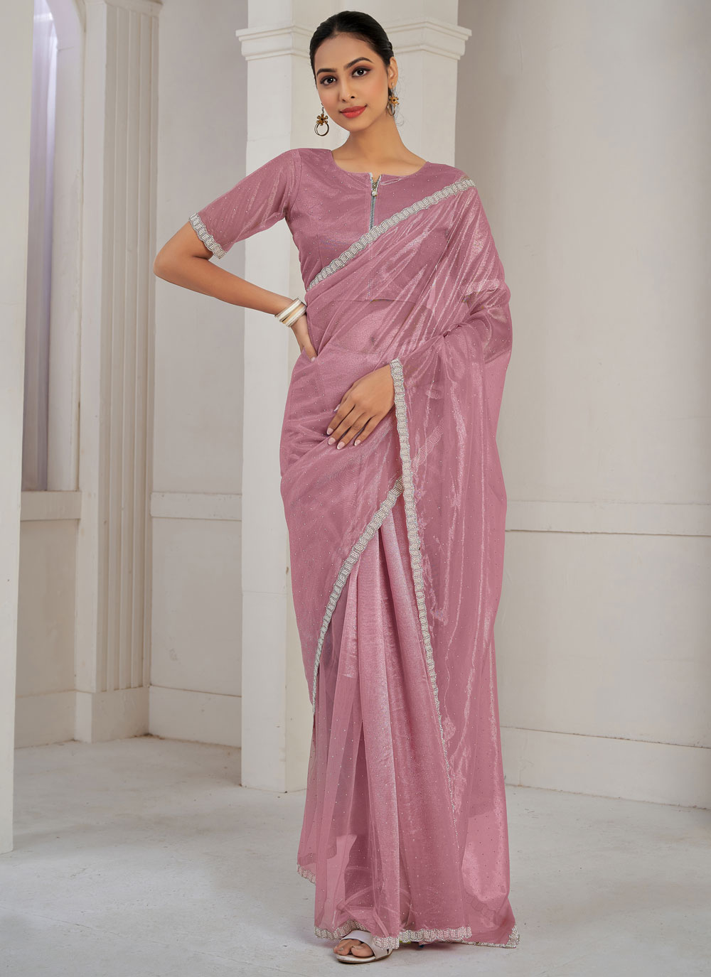 Fetching Hot Pink Net Classic Saree with Cut Dana and Swarovski Work ...