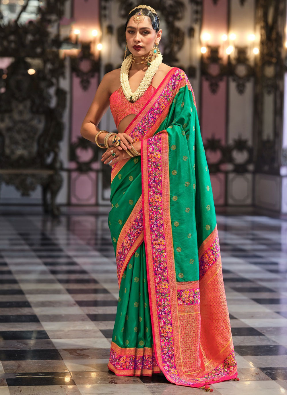 Shop Green and Rama Patch Border, Jacquard and Meenakari Work Silk ...